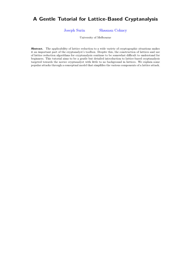 Lattice Based Cryptanalysis | PDF | Cryptanalysis | Algorithms
