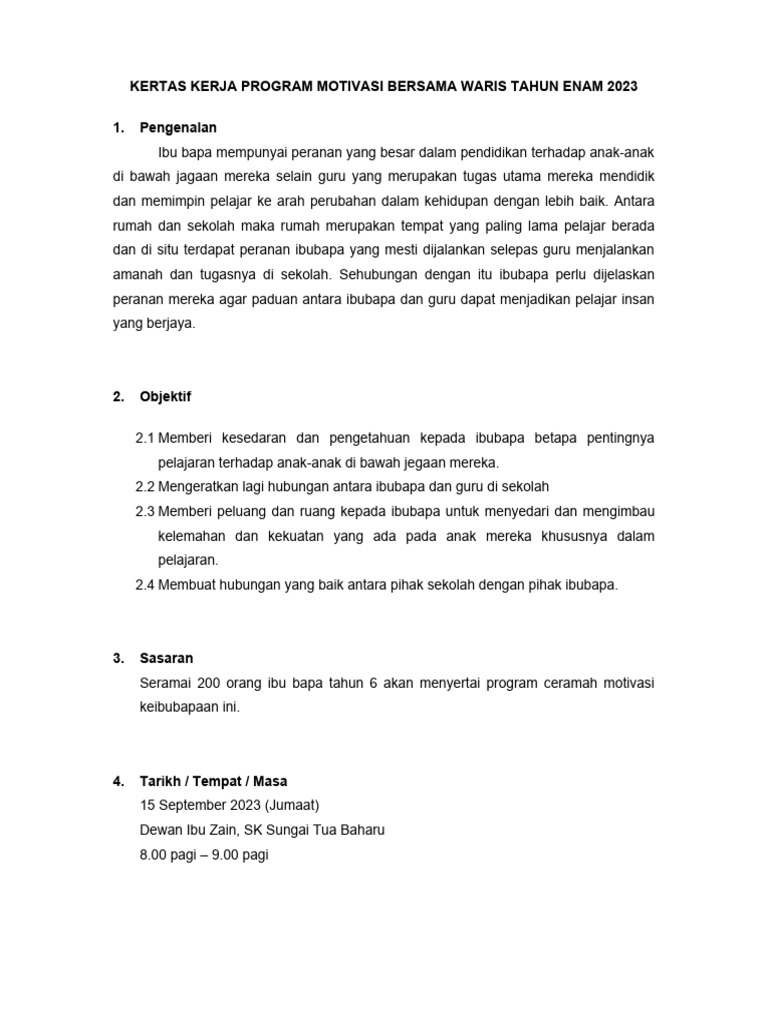 Kertas Kerja Program Motivasi Bersama Waris Tahun 6 2023 | PDF | Karier ...