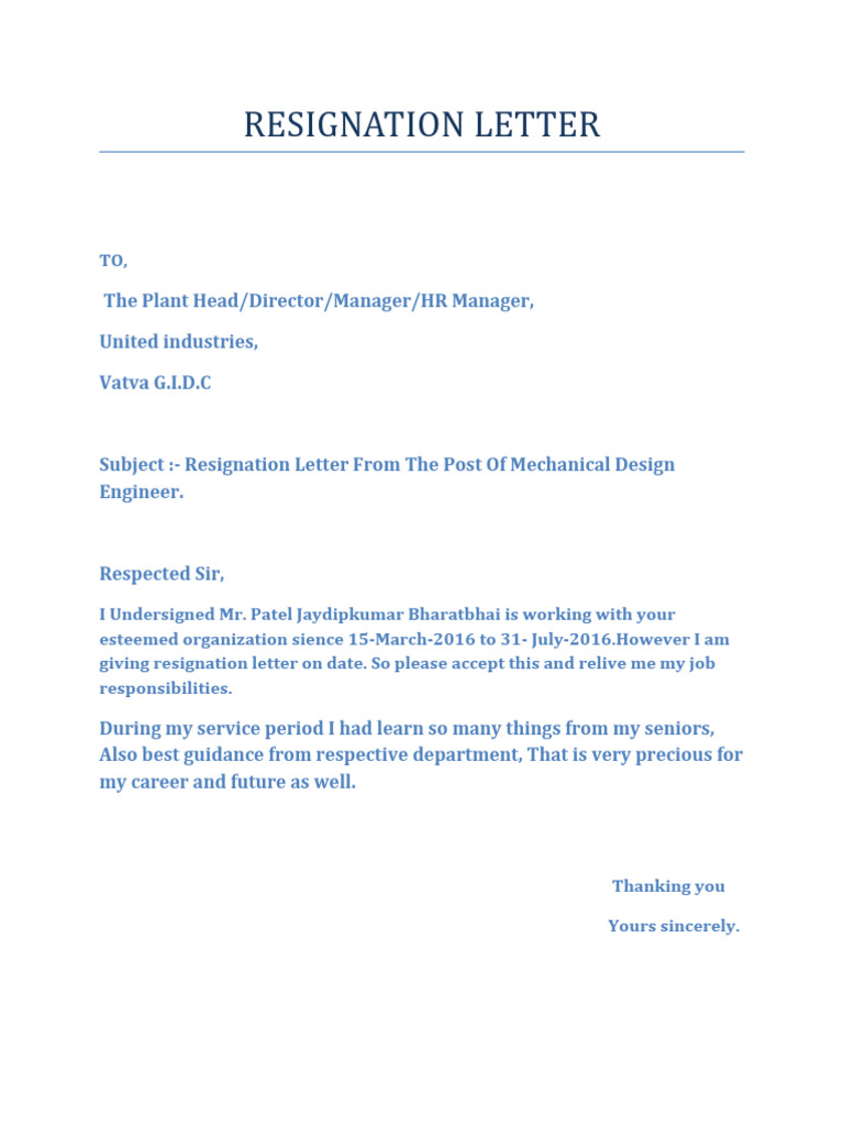 Resignation Letter from Mechanical Engineer | PDF