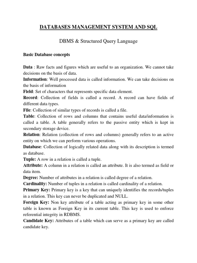 Class 12 Databases Management System And Sql Pdf Relational Database Sql