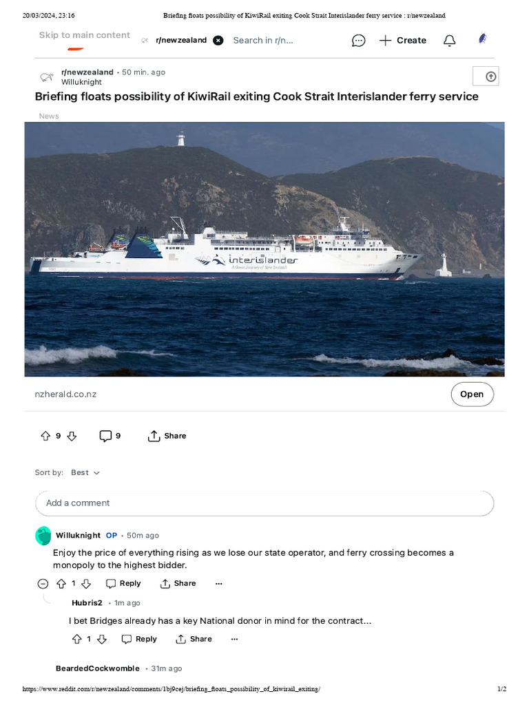Briefing Floats Possibility of KiwiRail Exiting Cook Strait Interislander Ferry Service - R ...