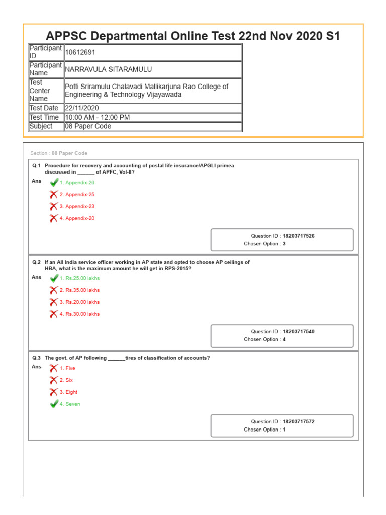 APPSC Departmental Online Test 22nd Nov 2020 S1: Section: 08 Paper Code ...