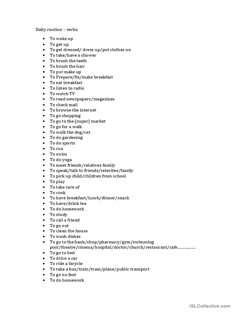 Daily Routine Vocabulary - Verbs | PDF