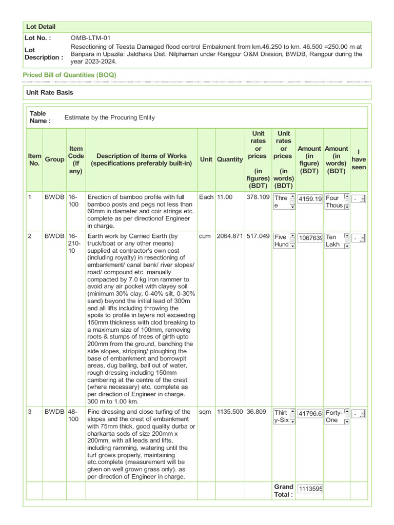 Priced Bill of Quantities Nilph Amari 250m | PDF | Earth Sciences