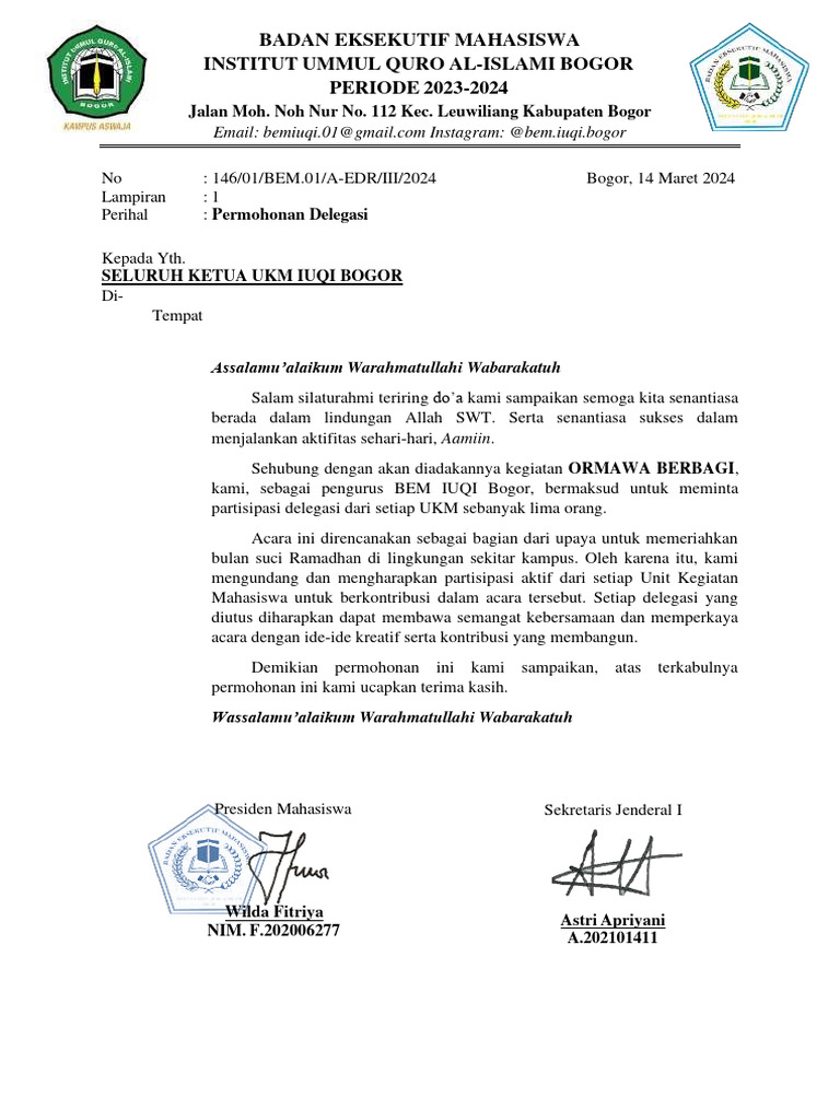 Permohonan Delegasi UKM IUQI | PDF | Karier & Perkembangan