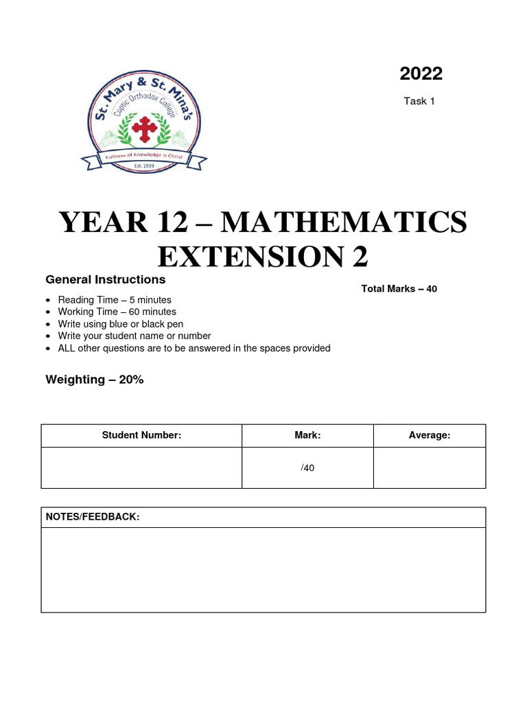 Year 12 - Mathematics Extension 2: General Instructions | PDF | Complex ...