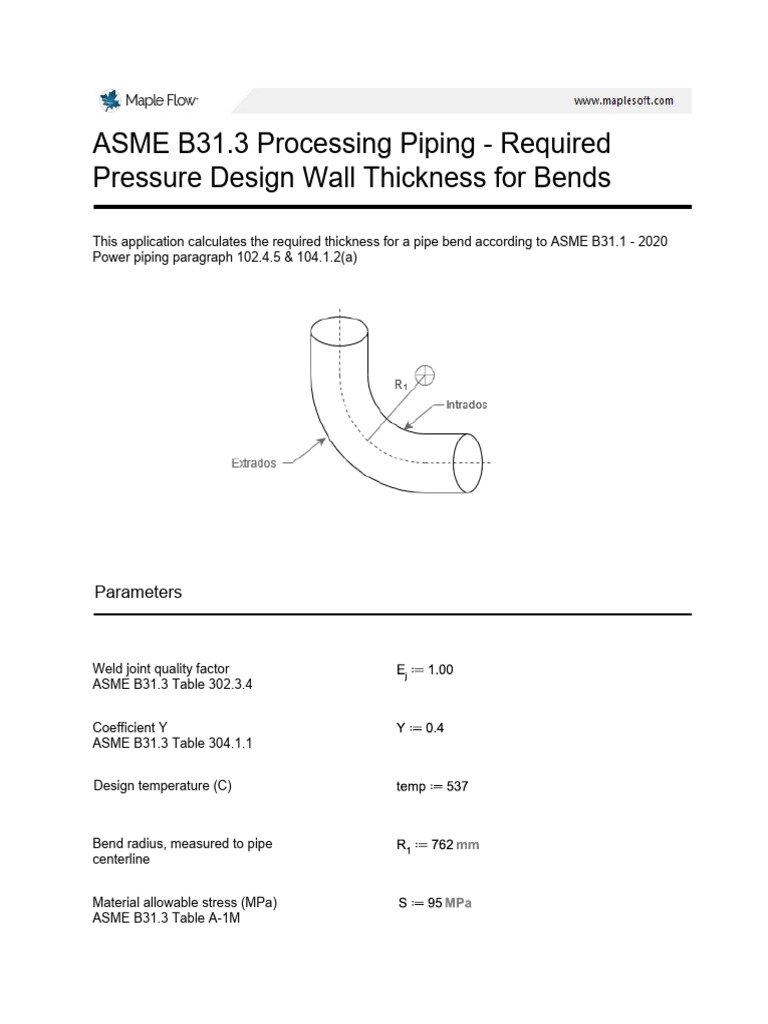 ASME B31.3 Processing Piping - Required Pressure Design Wall Thickness For Bends | PDF