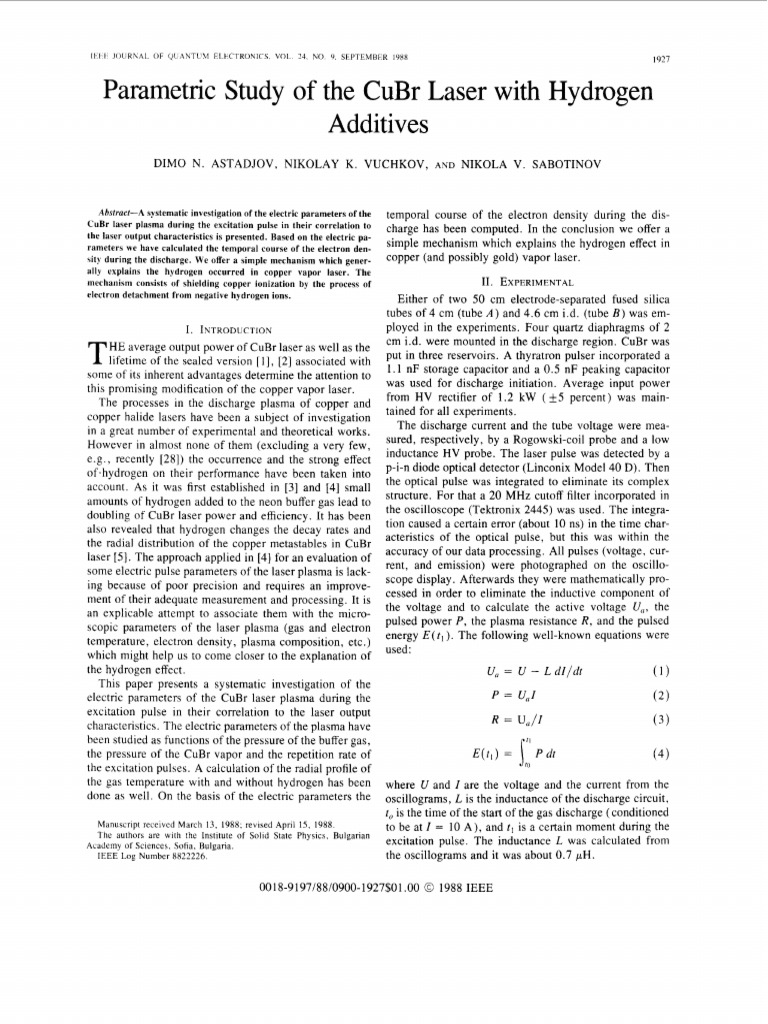 CuBr Laser Performance with Hydrogen Additives | PDF | Laser | Plasma (Physics)