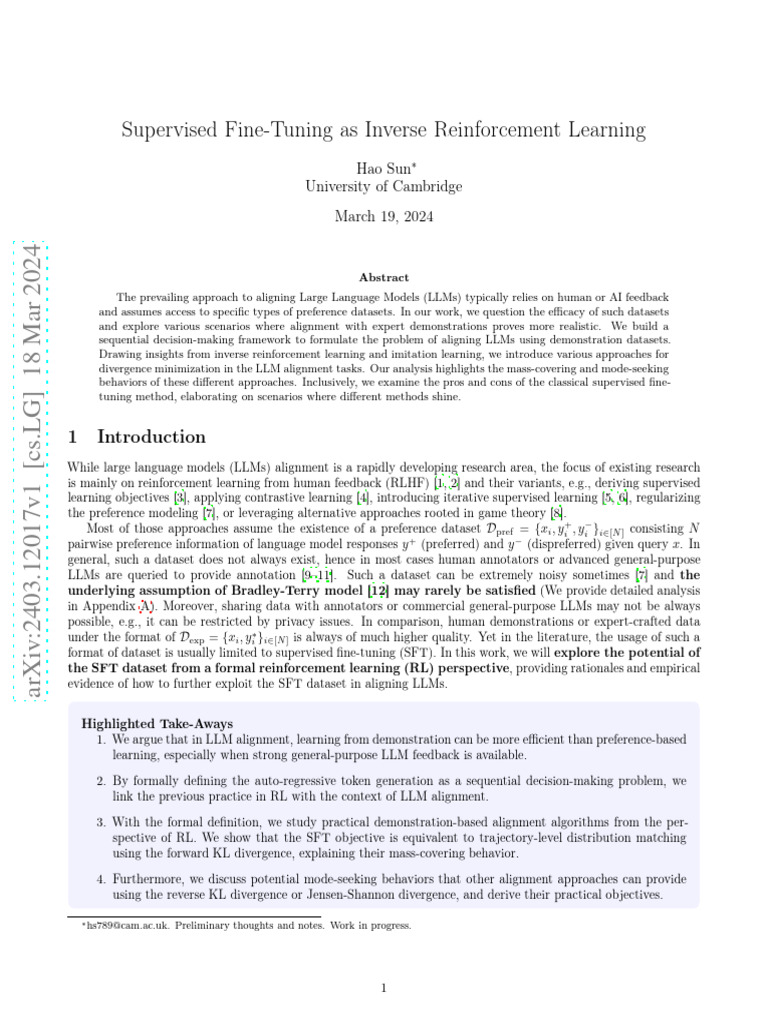 Supervised Fine-Tuning As Inverse Reinforcement Learning | PDF | Decision Making | Machine Learning