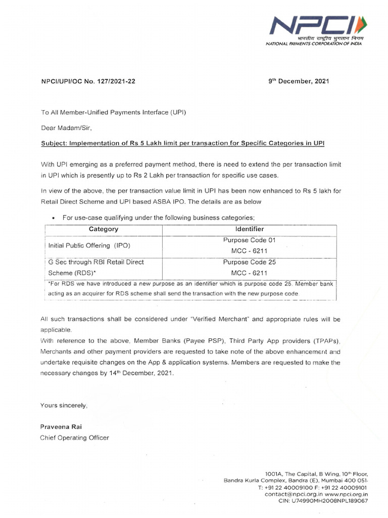 UPI OC 127 Implementation of Rs 5 Lakh Limit Per Transaction For ...