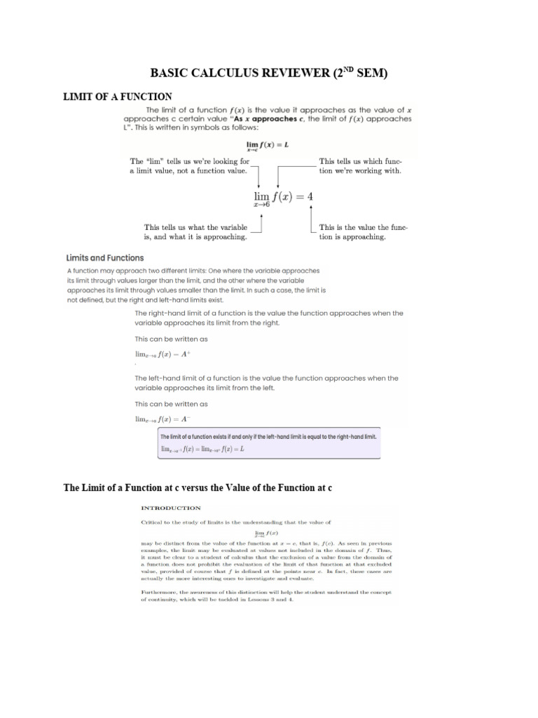 Basic Calculus Reviewer Pdf Function Mathematics Limit