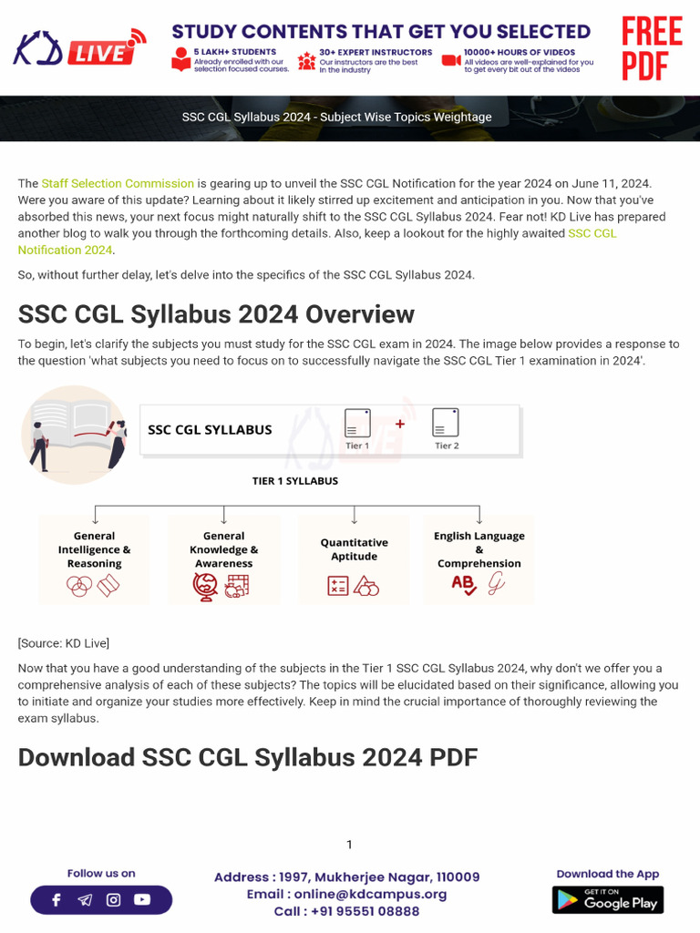 Ssc Cgl Syllabus 2024 Subject Wise Topics Weightage | PDF