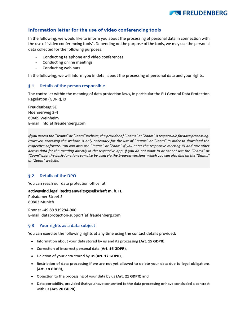 Freudenberg Privacy-Policy Video-conferencing-Tools Teams Zoom | PDF | Web Conferencing | Computing