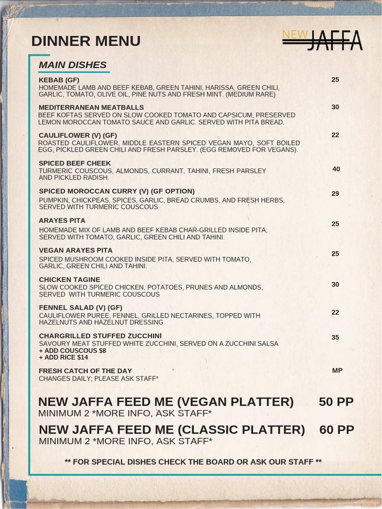 New Jaffa Menu | PDF | Moroccan Cuisine | Kebab