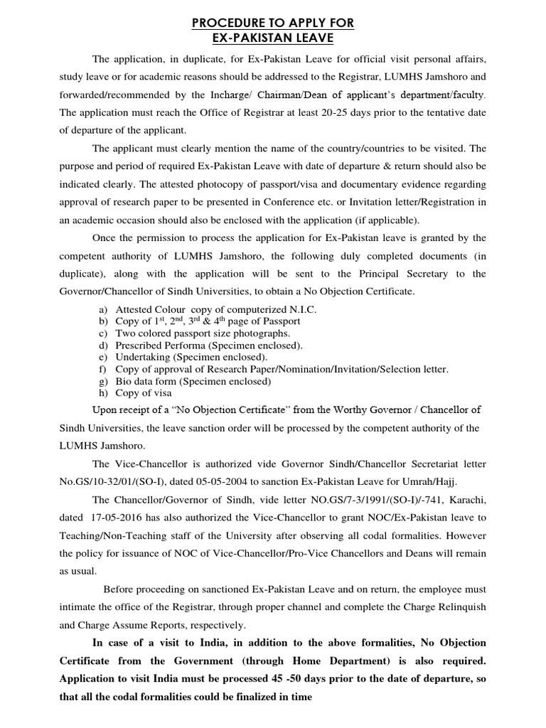 Ex-Pakistan Leave Application Procedure | PDF | Passport | Travel Visa