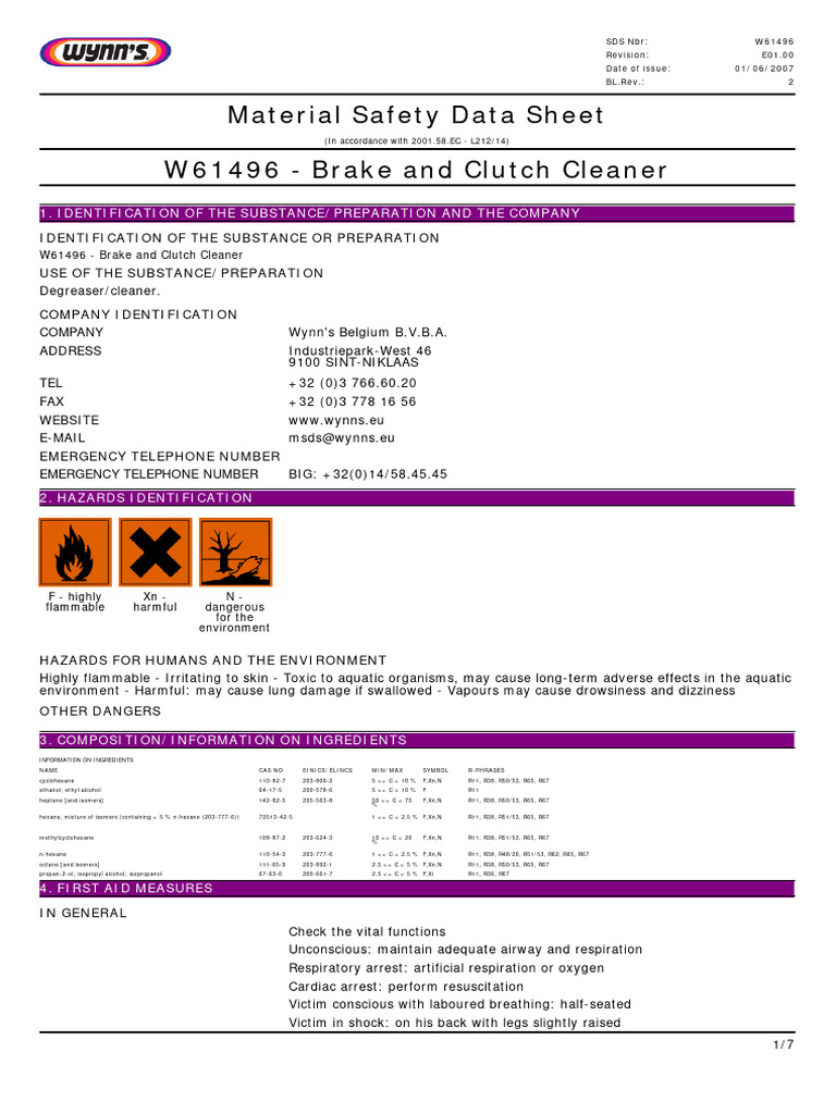 Brake and Clutch Cleaner Safety Data Sheet | PDF | Toxicity | Hazards