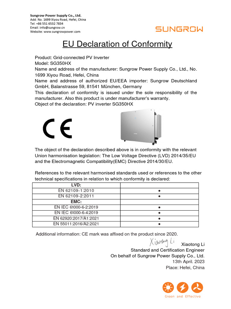 Sungrow SG350HX EU Declaration of Conformity | PDF
