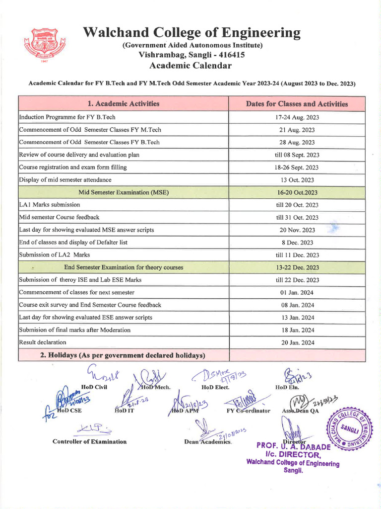 Academic Calendar FY BTech and FY MTech Odd Sem AY 23-24 | PDF