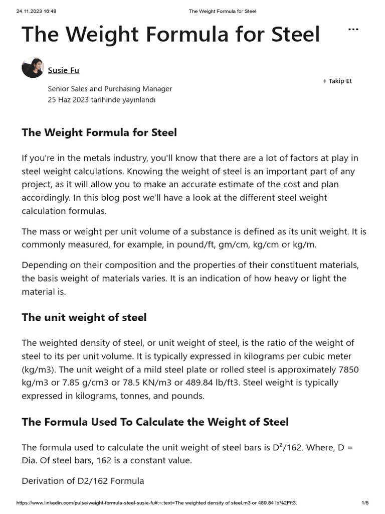 Steel Weight Calculation Formulas | PDF | Pound (Mass) | Density