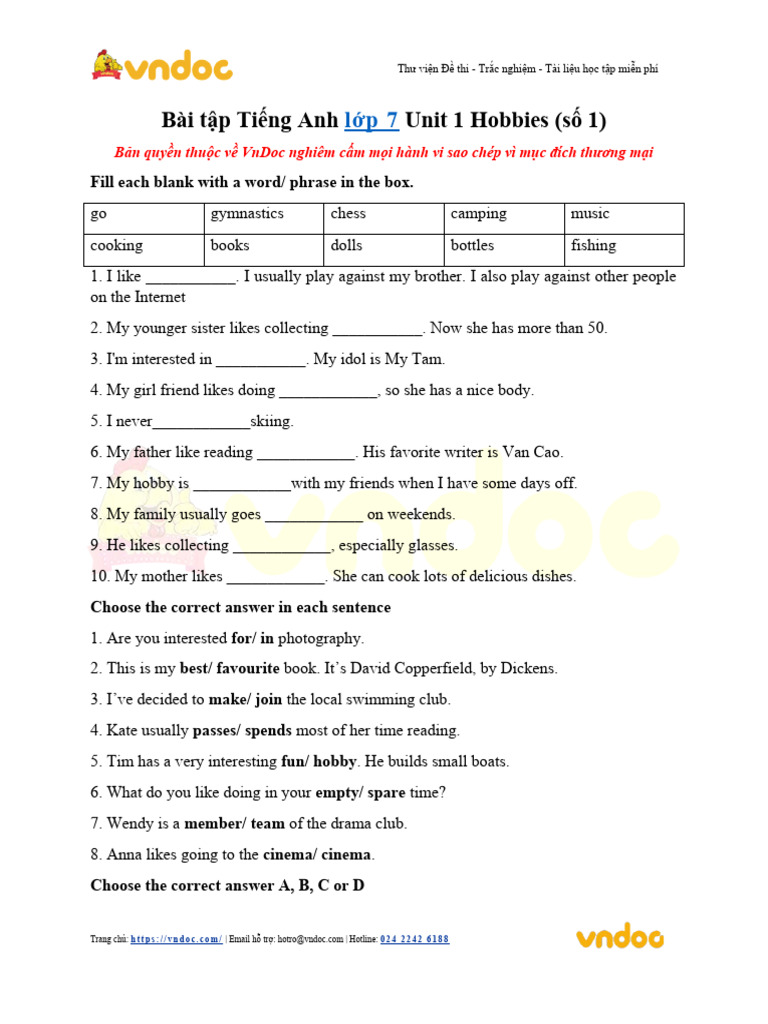 Bai Tap Tieng Anh Lop 7 Unit 1 Hobbies So 1 | PDF