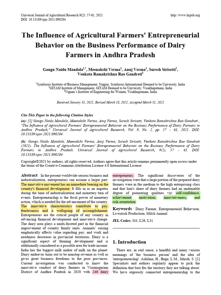 The Influence of Agricultural Farmers' Entrepreneurial Behavior On The ...