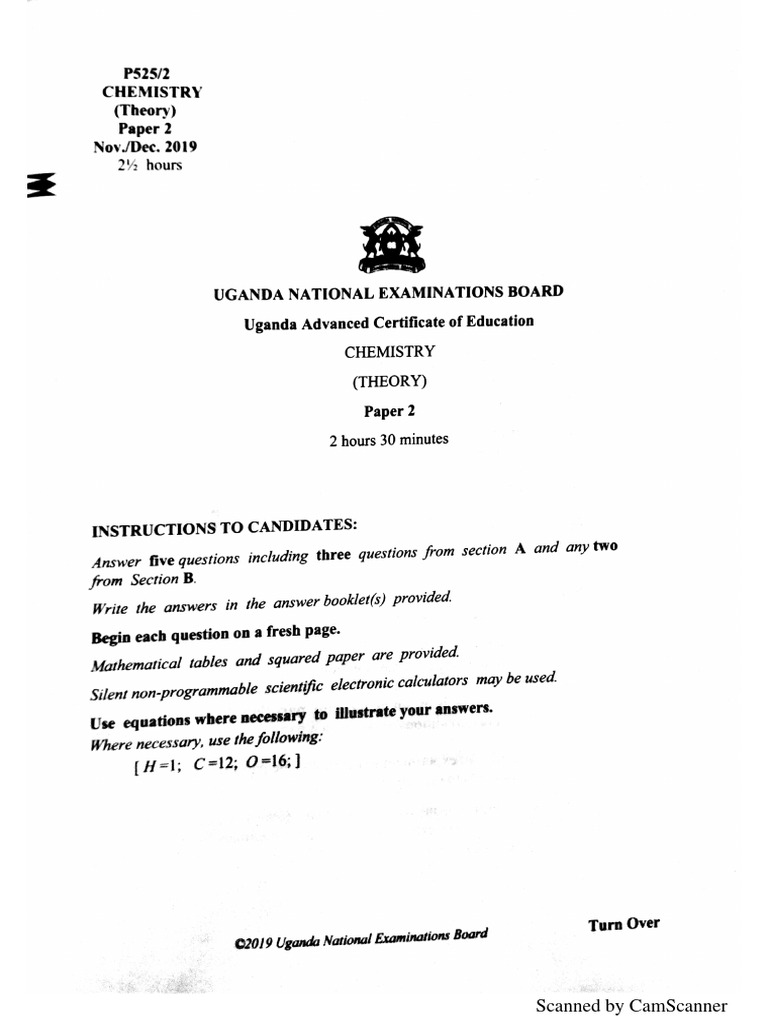 s.6 Chemistry Paper 2 Uace Uneb 2019 | PDF