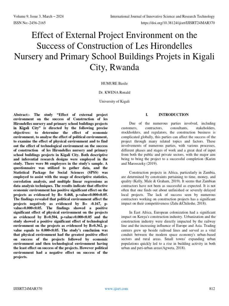 Effect of External Project Environment On The Success of Construction of Les Hirondelles Nursery ...