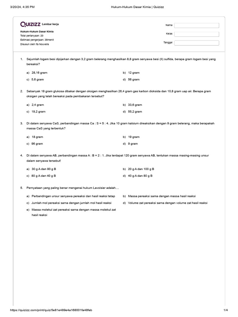 Kuis Hukum Dasar Kimia | PDF