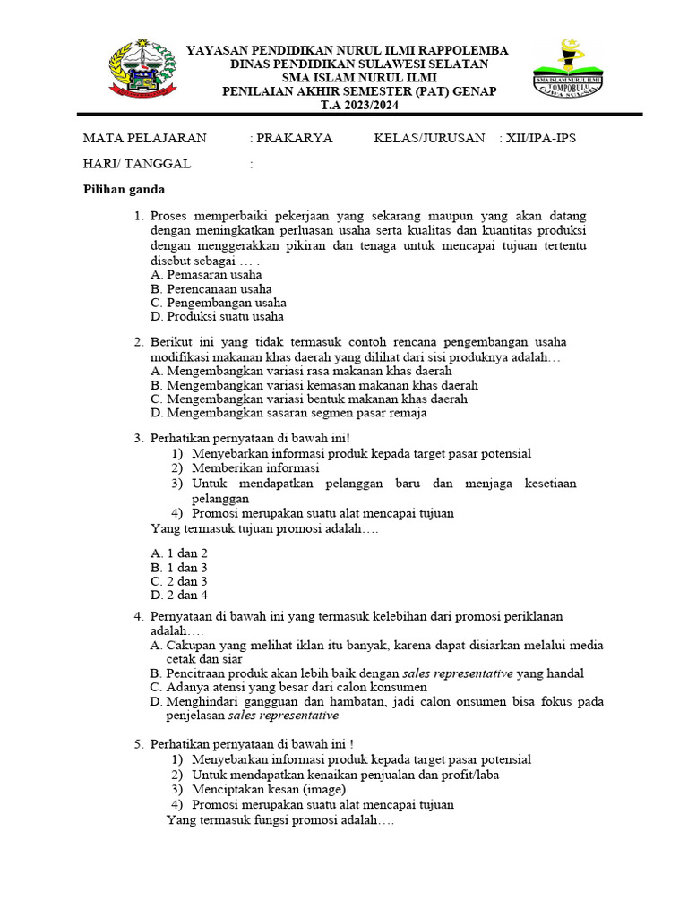 Soal Pkwu Kelas Xii Pat Semester Genap 2024 | PDF | Bisnis