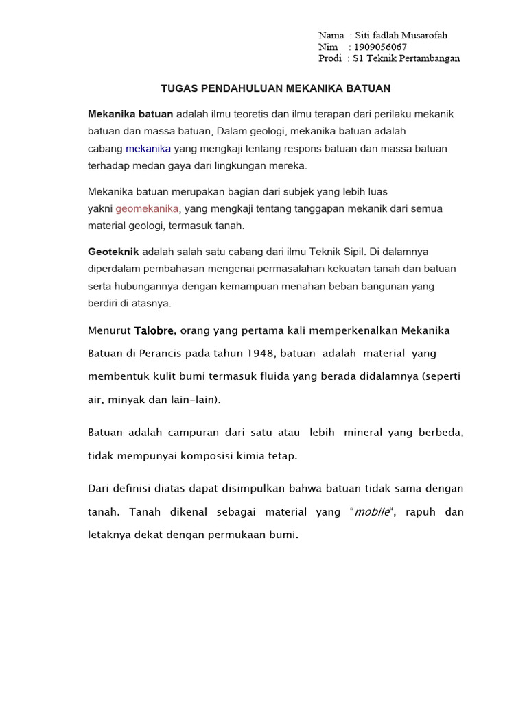 TUGAS PENDAHULUAN MEKANIKA BATUAN Fadlah | PDF
