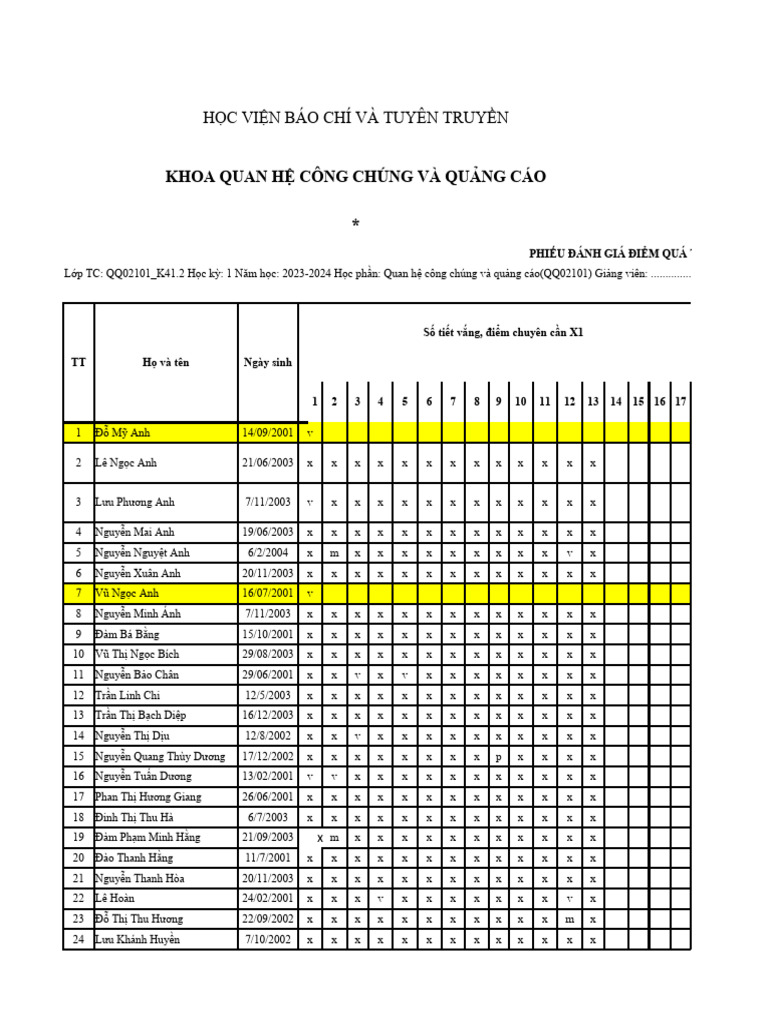 Điểm thành phần lớp QHCC&QC K41 | PDF