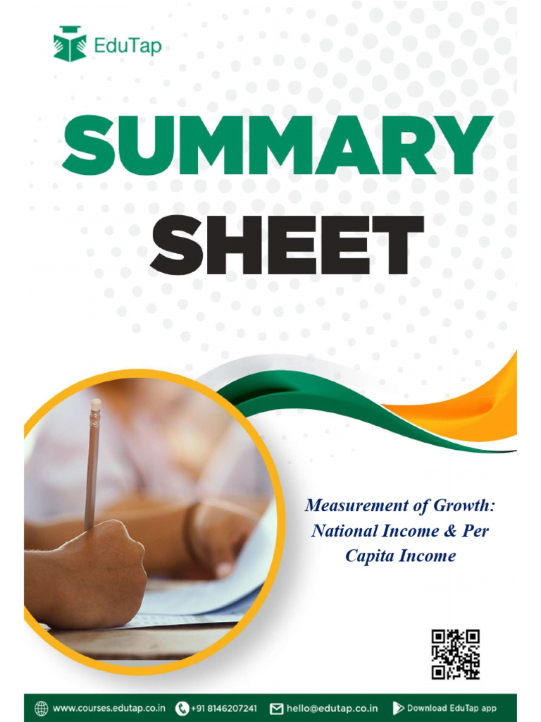 Summary Sheet - Measurement of Growth National Income and Per Capita ...