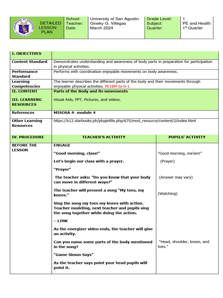 Villegas Lesson Plan in Pe and Health | PDF | Teachers | Foot