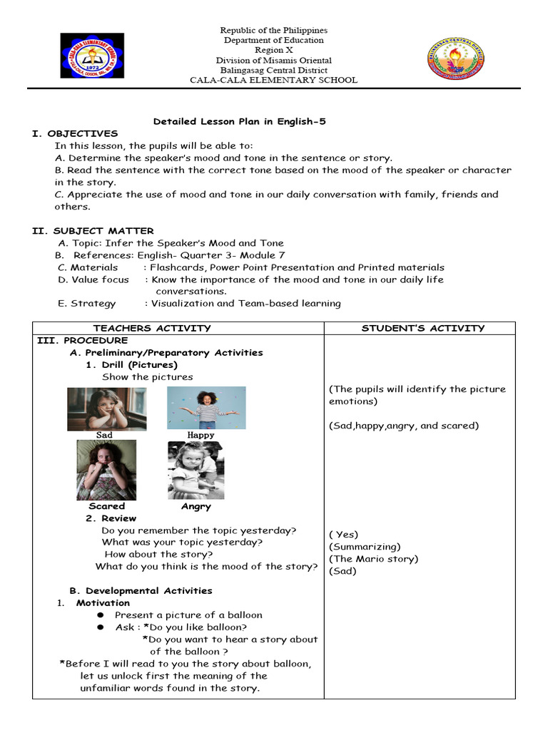 Inferring Mood and Tone in Grade 5 English | PDF | Lesson Plan | Mood ...