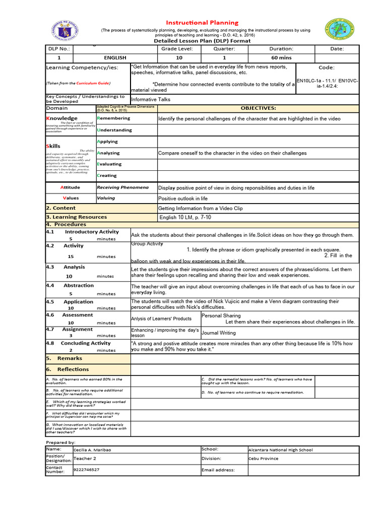 ENGLISH 10 DLP 1-4 | PDF | Learning | Knowledge