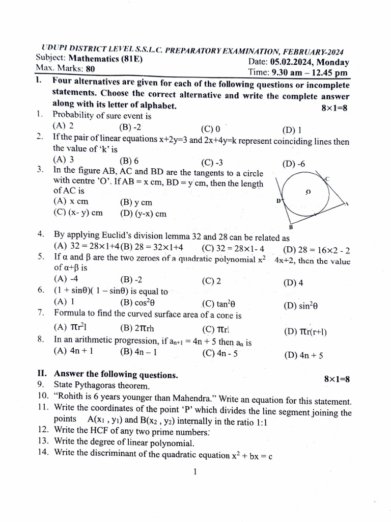 Udupi Maths Prep Exam-Feb-2023-24 | PDF | Circle | Quadratic Equation
