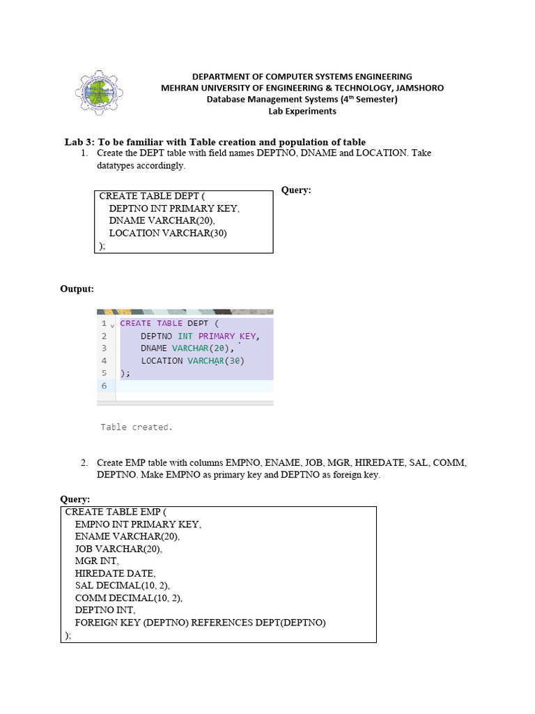 Lab 4 Tasks - Table Creation Solved | Download Free PDF | Table ... Lab 4 Tasks - Table Creation Solved | Download Free PDF | Table ...