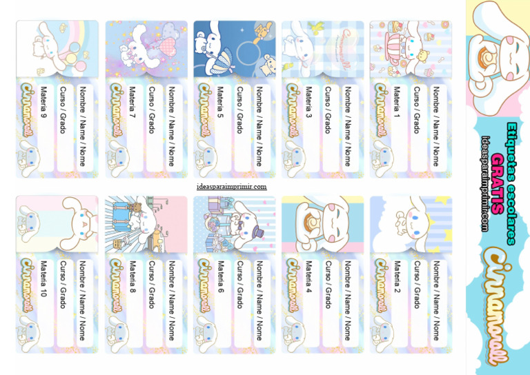 Etiquetas Escolares Cinnamoroll Editables Gratis | PDF