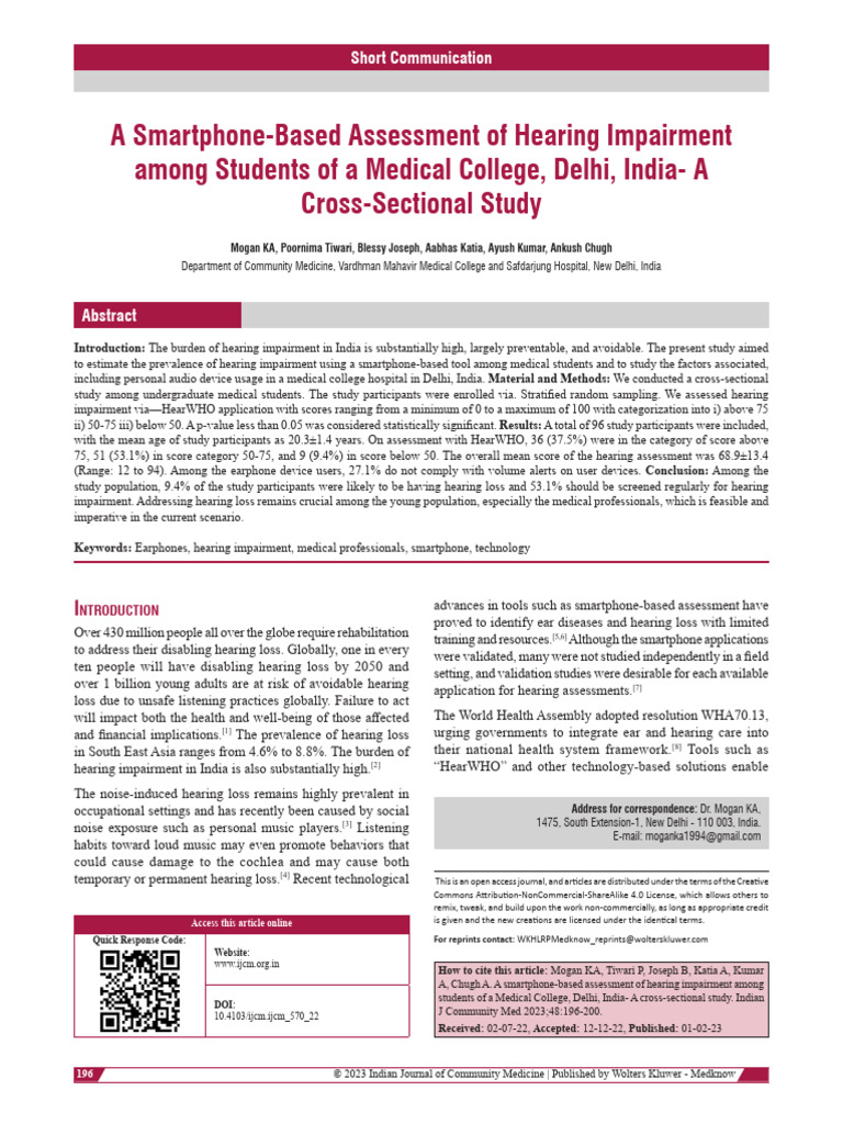 A Smartphone Based Assessment of Hearing Impairment Among Students of A ...
