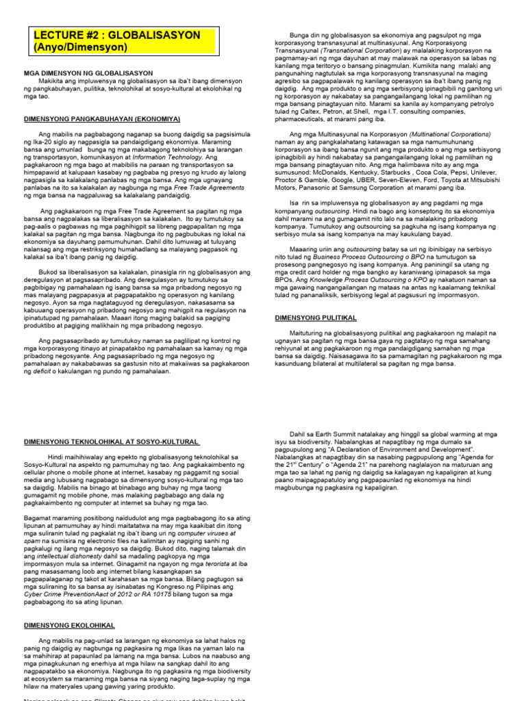 LECTURE2 GlobalisasyonDimensyon-1 | PDF