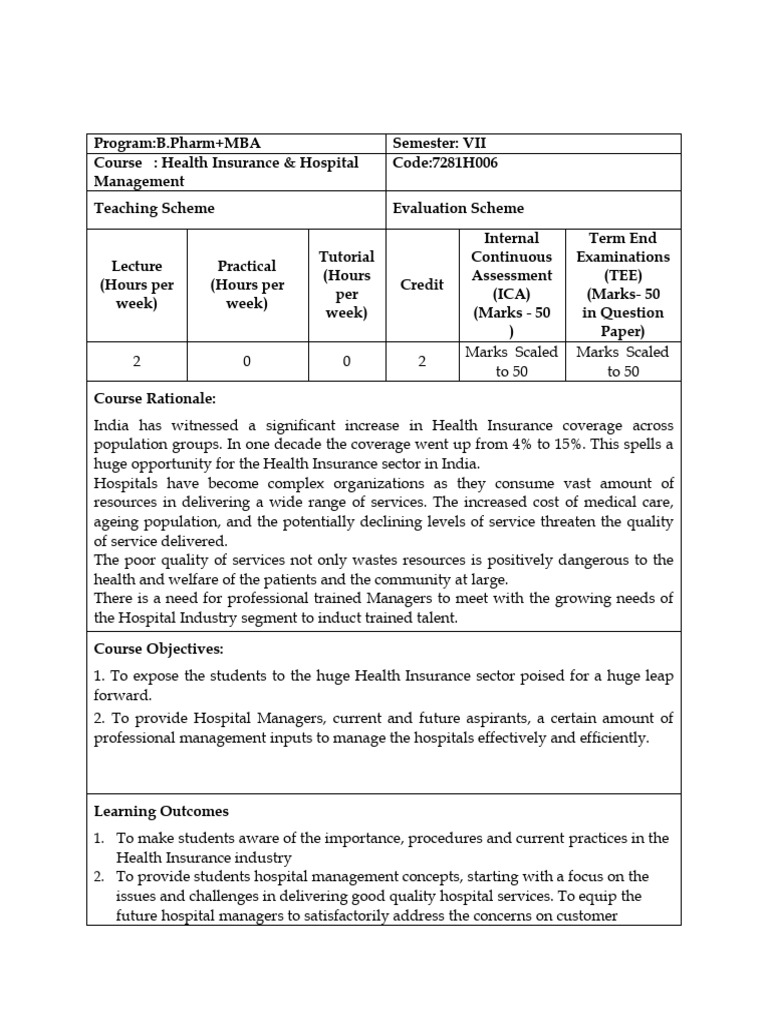 Health Insurance & Hospital Management Course | PDF | Hospital | Health ...