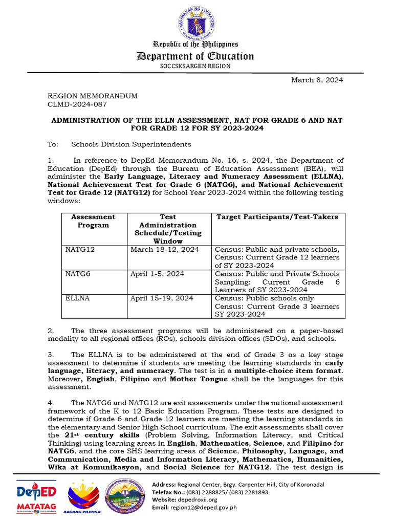 Region Memorandum CLMD 2024 087 ADMINISTRATION OF THE ELLN ASSESSMENT NAT FOR GRADE 6 AND NAT ...