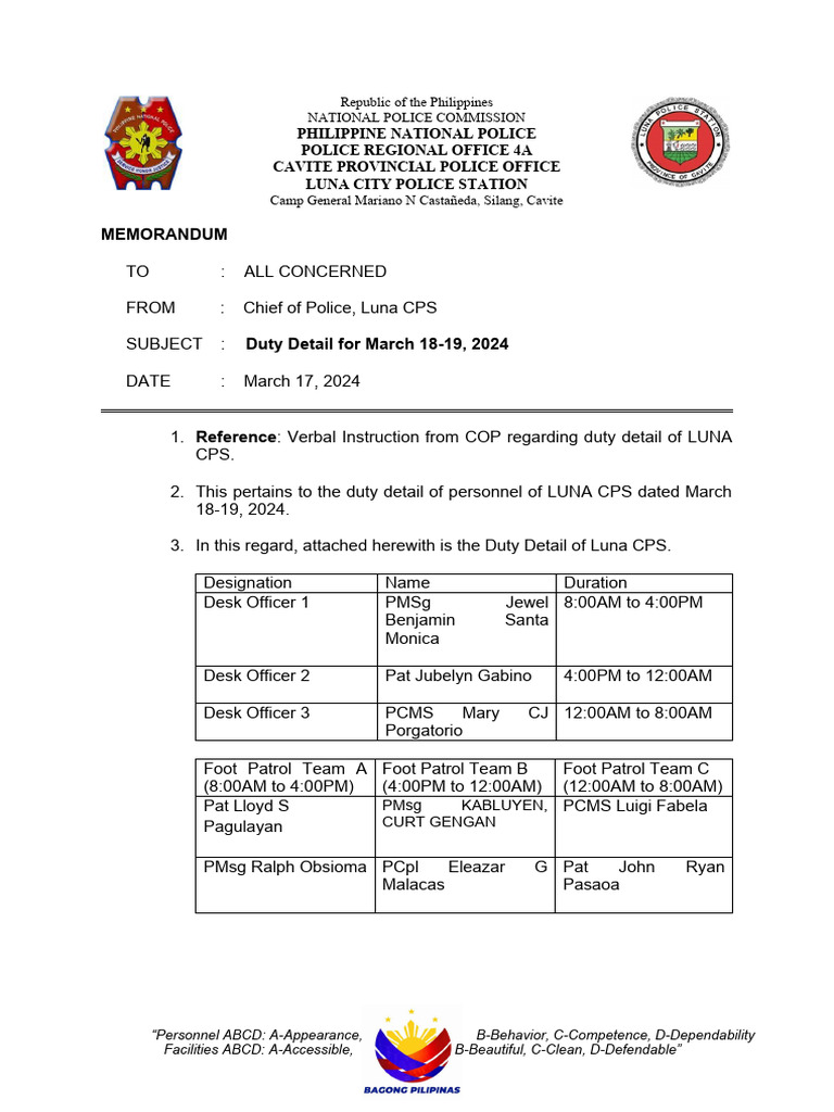 Duty Detail Luna CPS | PDF | Philippines | National Security
