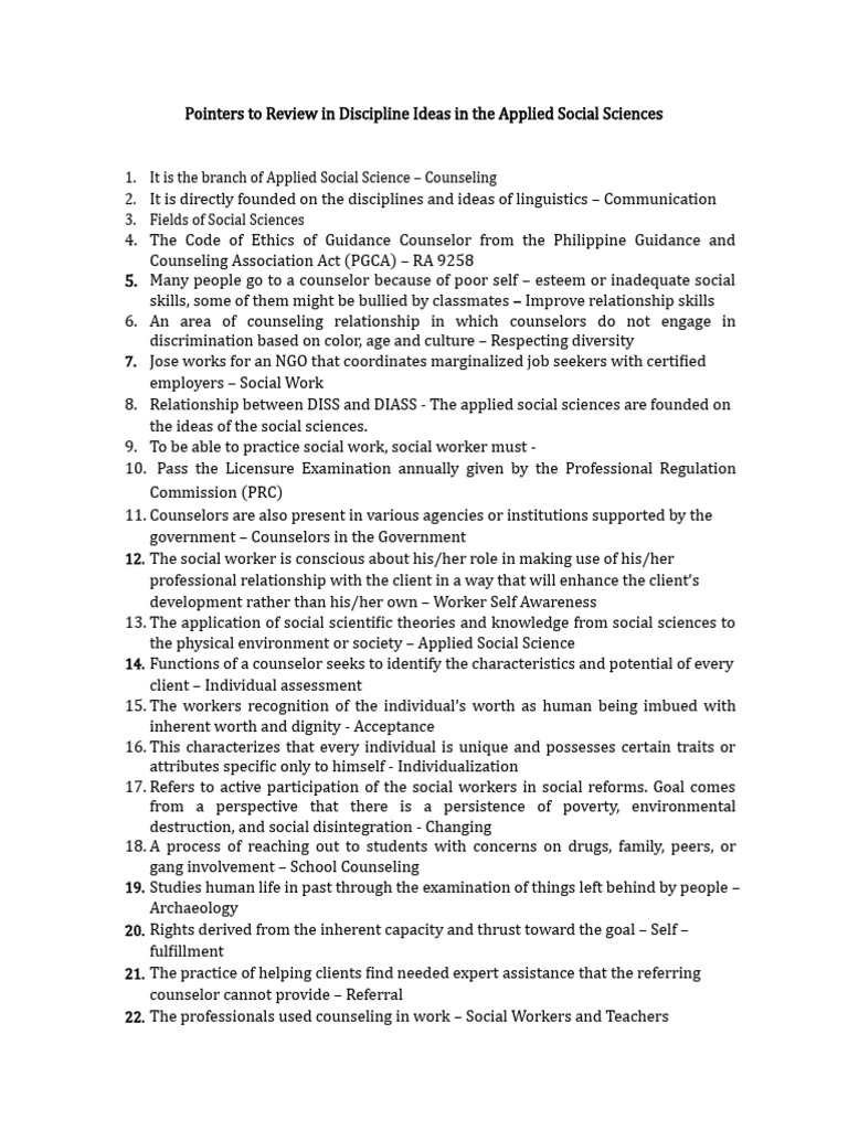 Pointers To Review in Discipline Ideas in The Applied Social Sciences ...