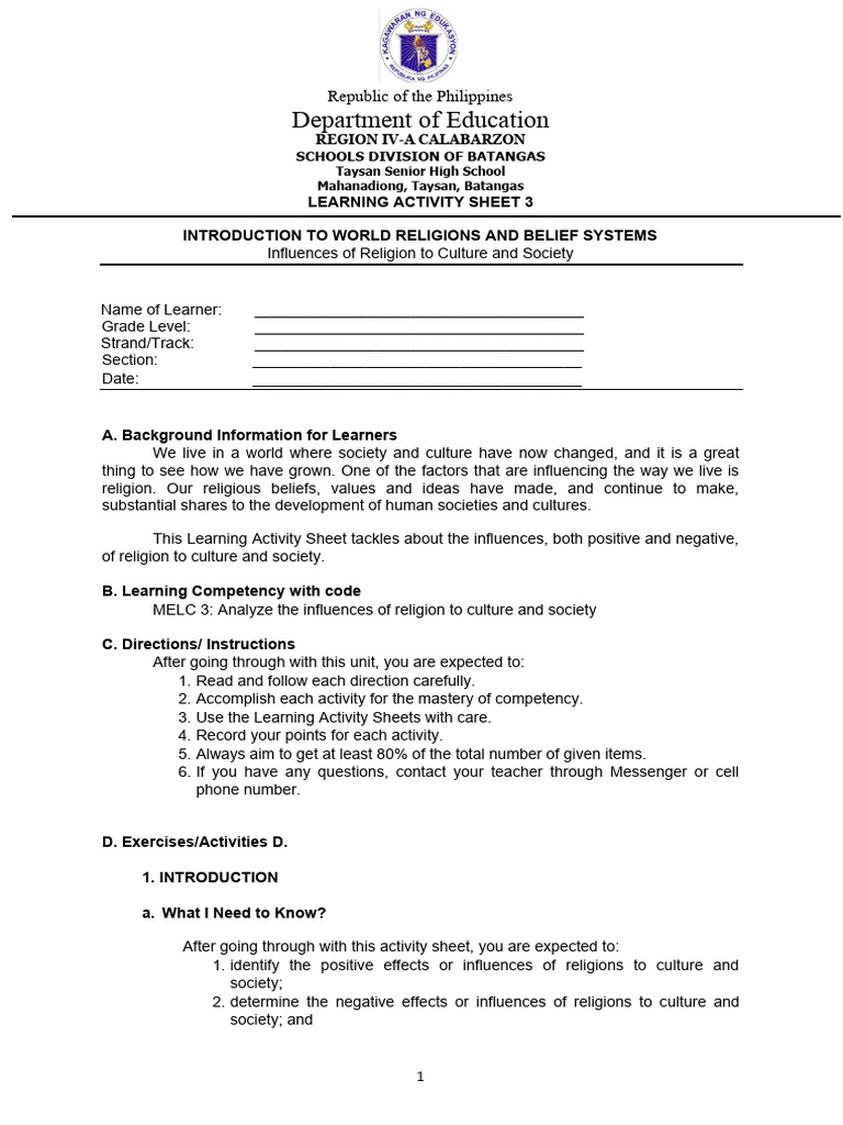 Learning Activity Sheets IWRBS Week 3 3 | PDF