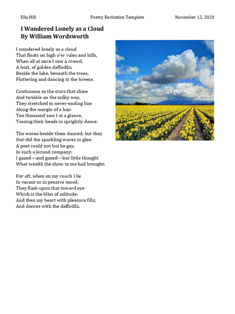 I Wandered Lonely as a Cloud by William Wordsworth Ella Hill Analysis ...