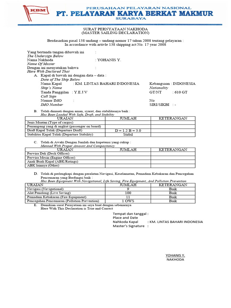 Master Sailing Declaration | PDF