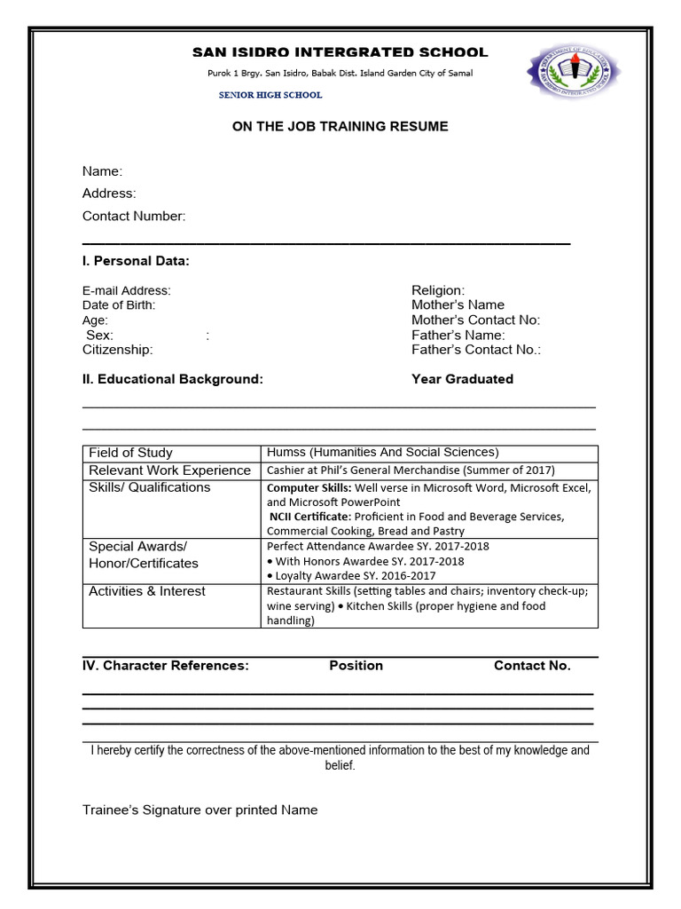 Grade 12 Work Immersion Sample Resume | PDF