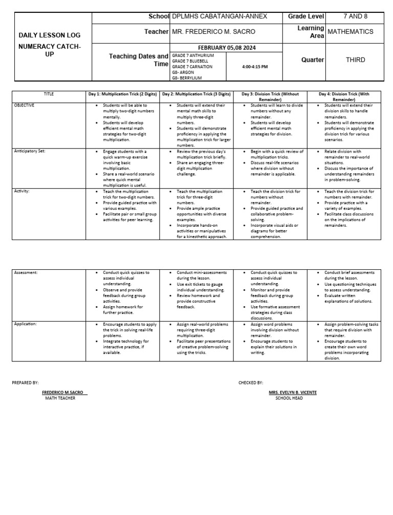Numeracy Catch-Up Lesson Plan | PDF | Teaching | Education Theory