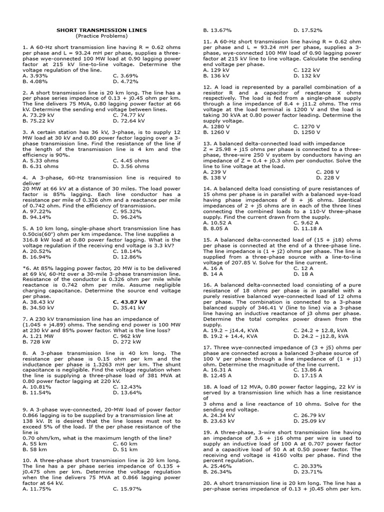 Practice Problems Short TL | PDF | Electric Power Transmission ...